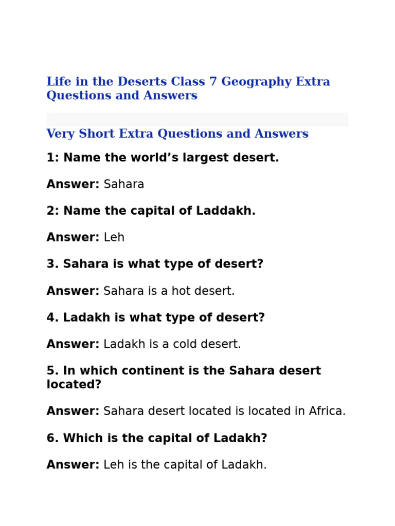 Life in The Deserts Class 7 Geography Extra Questions and Answers | PDF ...