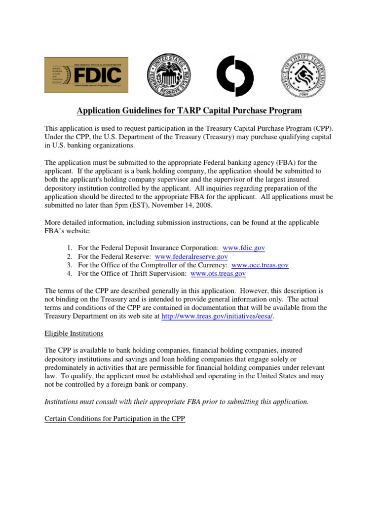 Application Guidelines For TARP Capital Purchase Program | PDF