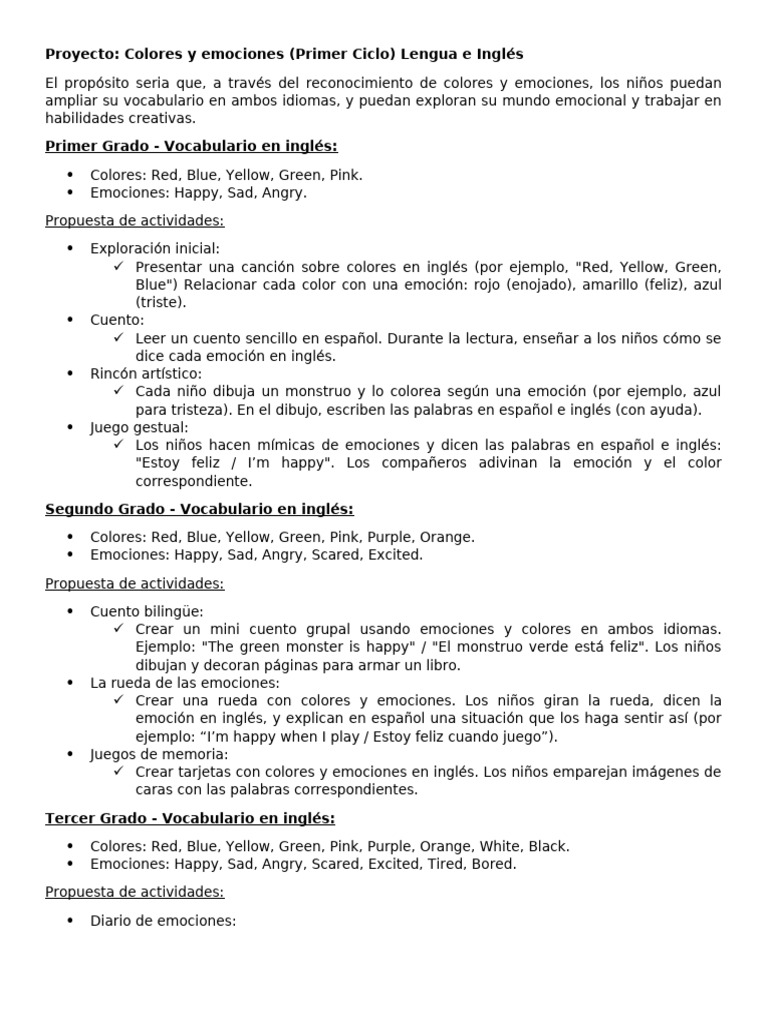 Proyectos Bilingües: Colores y Emociones | PDF | Las emociones | Idioma ...