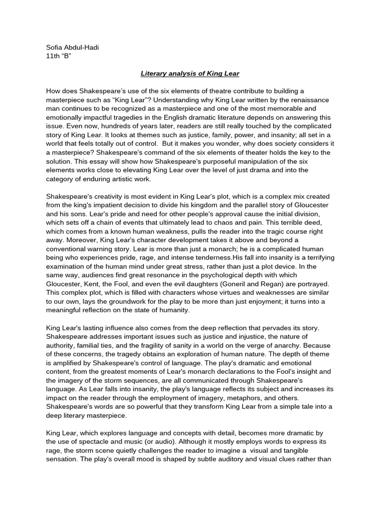 Literary Analysis of King Lear | PDF | King Lear | William Shakespeare