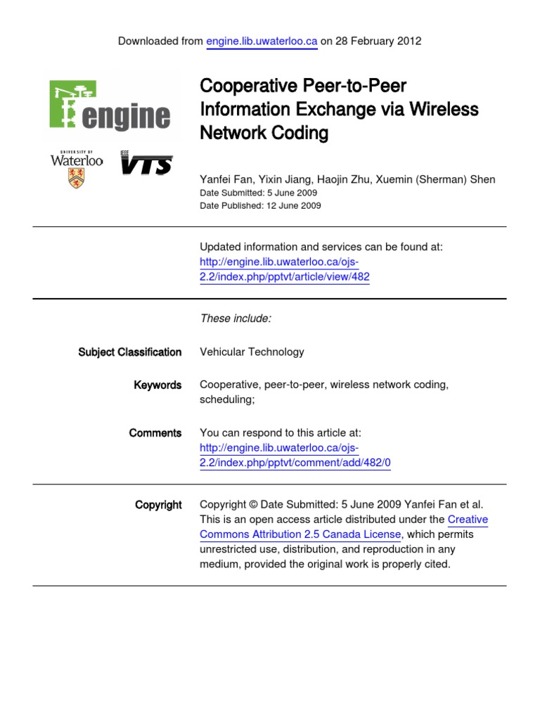 Cooperative Peer-to-Peer Information Exchange Via Wireless Network Coding | PDF | Peer To Peer ...