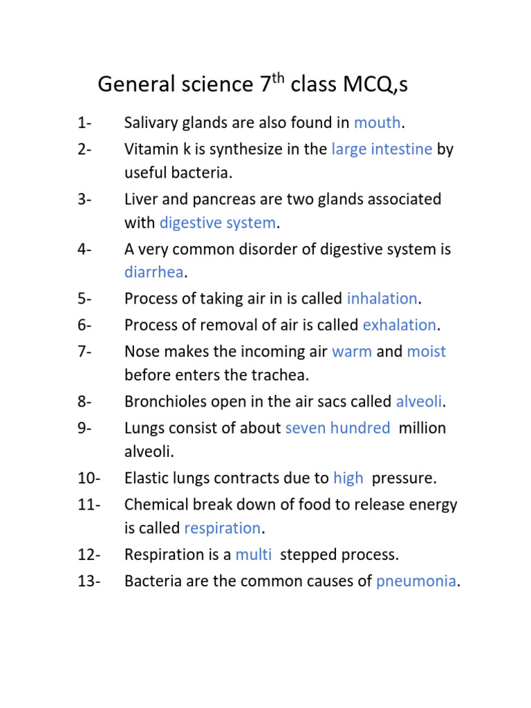 General science 7th class MCQs By Taimur shah 03041918465 | PDF | Sound ...