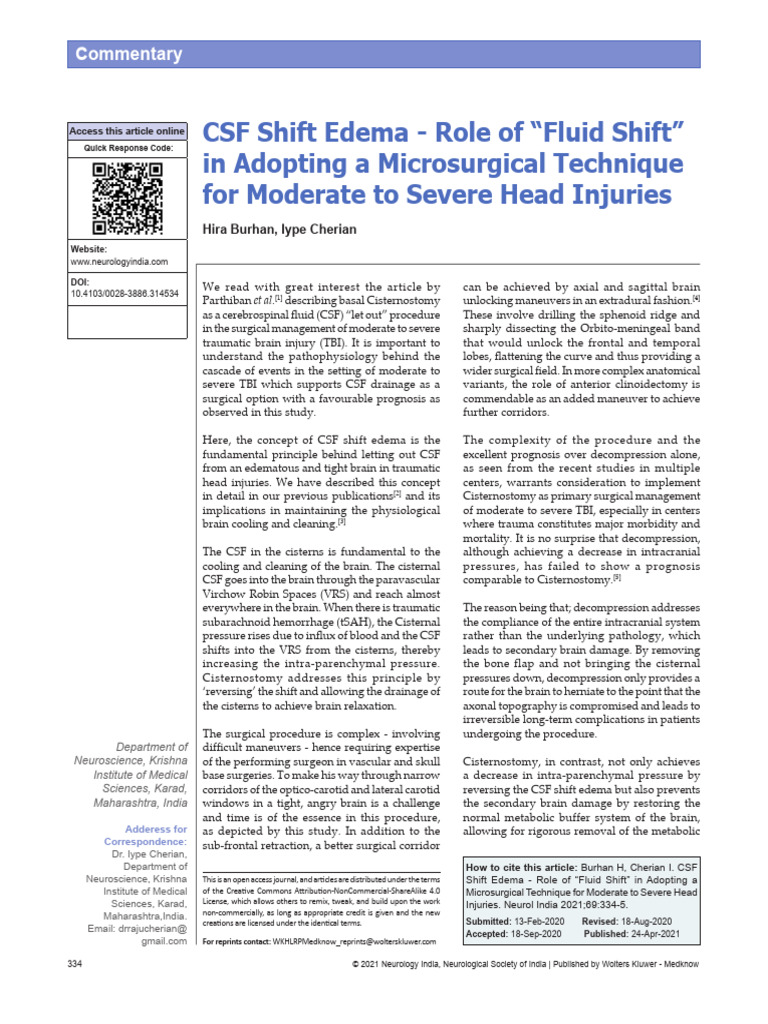 CSF Shift Edema Role of Fluid Shift In.17 | PDF | Traumatic Brain ...