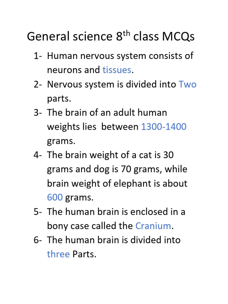 General Science 8th Class MCQs. by Taimur Shah 03041918465 | PDF | Central Nervous System | Brain