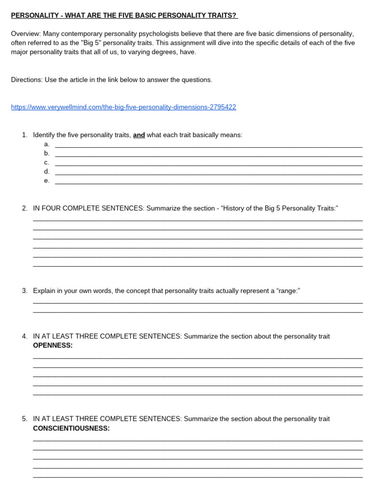 AP PSych Unit 10 PERSONALITY - WHAT ARE THE Big FIVE BASIC PERSONALITY ...