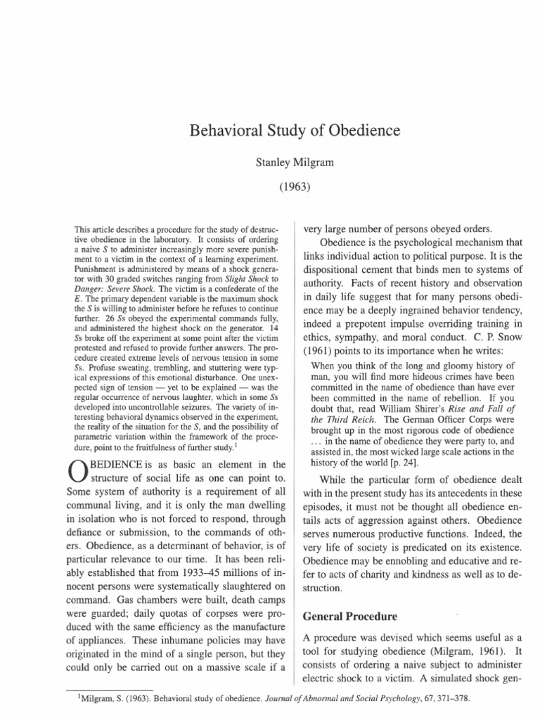 AP PSych Social Psych Milgram Behavioral Study of Obedience Second ...