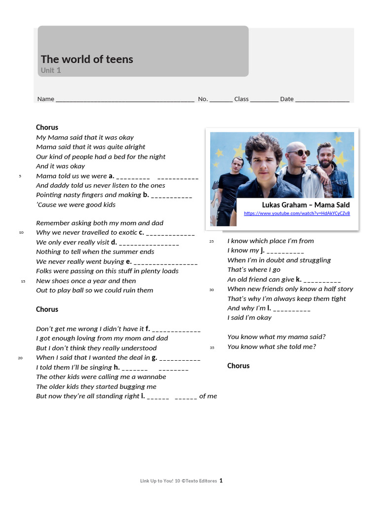 Worksheet - The World of Teens | PDF