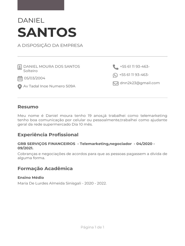 Currículo de Daniel Moura Santos | PDF