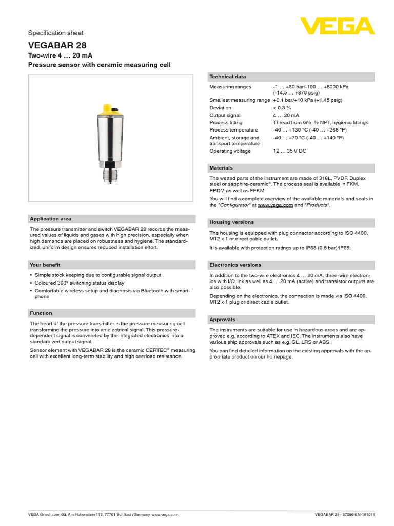 EN Specification Sheet VEGABAR 28 Two Wire 4 20 Ma | PDF | Pressure | Physical Quantities