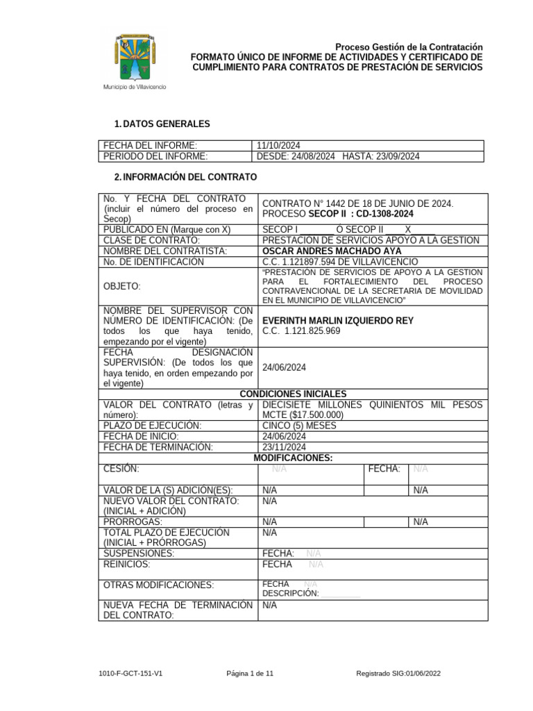 1010-F-gct-151-V1 Formato Unico de Informe de Actividades y Certificado de Cumplimiento para Cps ...