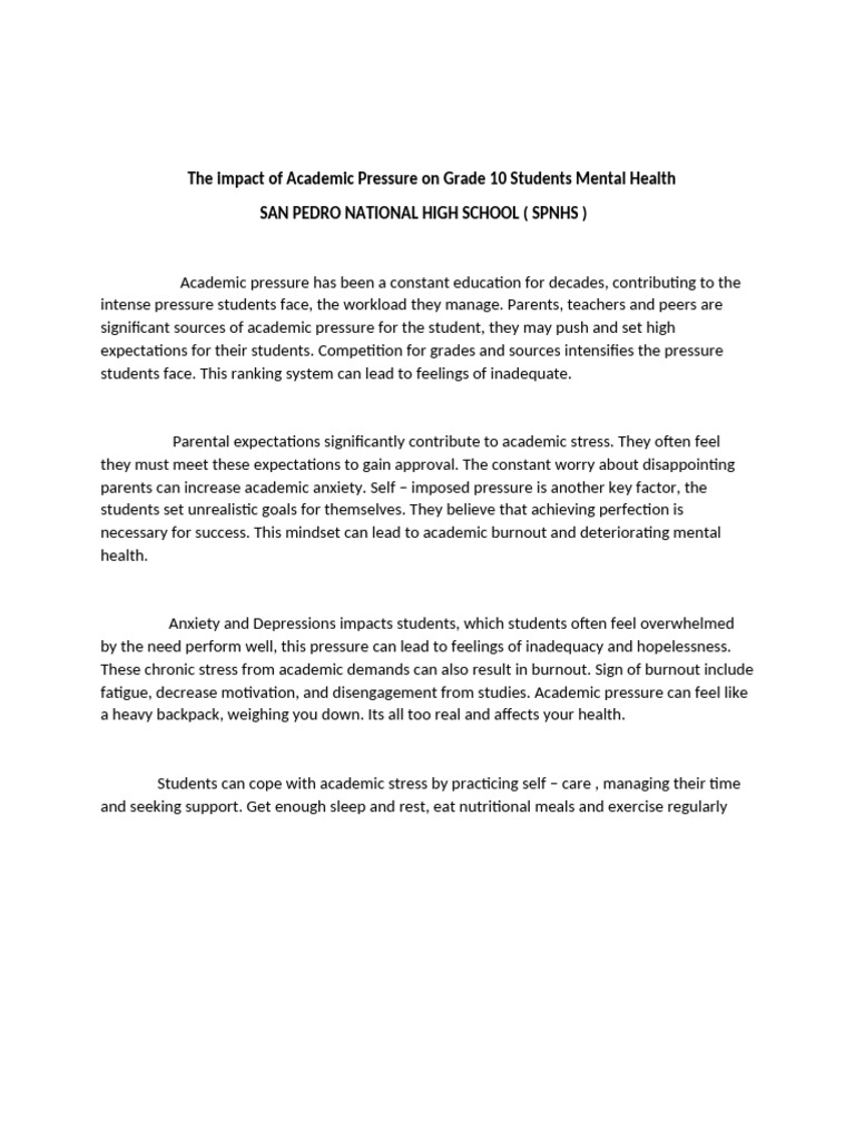 Academic Pressure's Effects on Grade 10 Mental Health | PDF