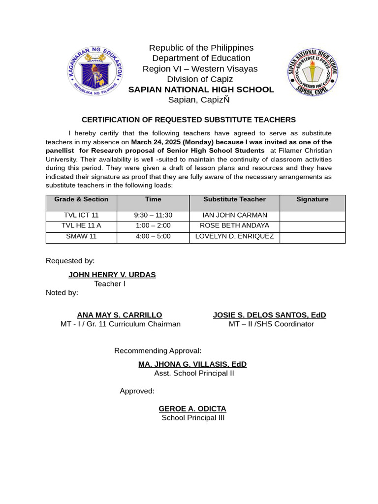 Substitute Teacher Certification Document | PDF