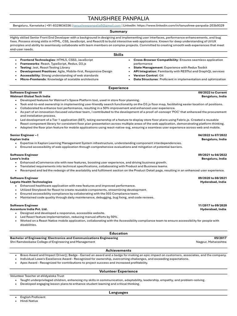 Tanushree Panpalia Resume | PDF | Software | Software Development