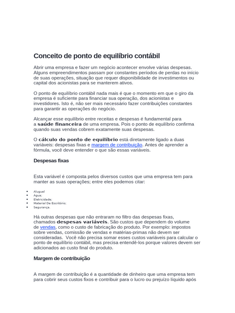 Conceito de Ponto de Equilíbrio Contábil | PDF | Custo | Economia de negócios
