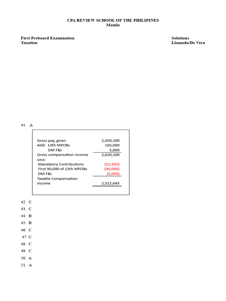 Cpar 95 Tax First PB Answer Key | PDF | Income | Taxes