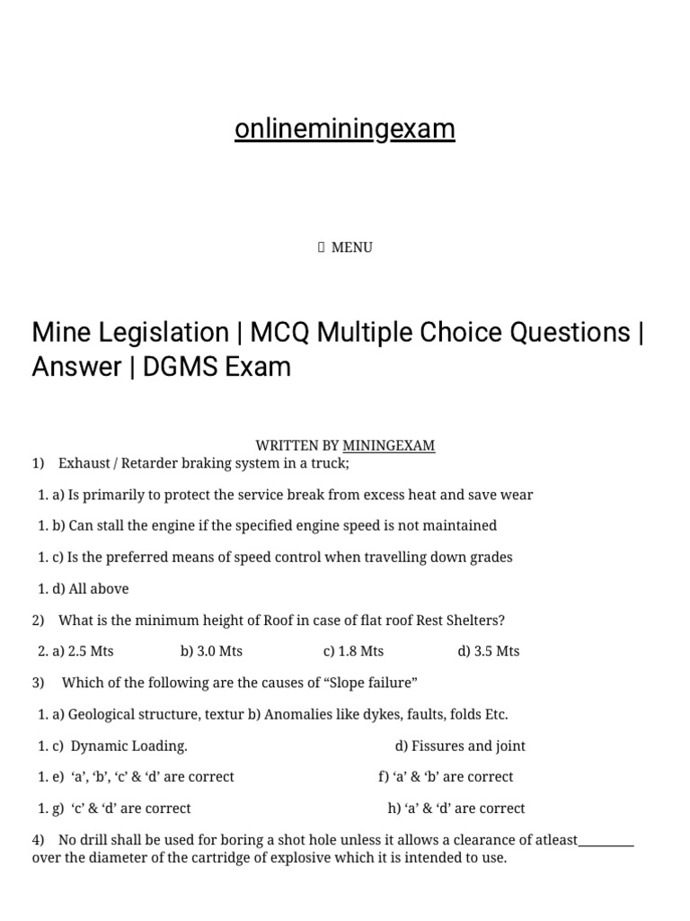Mine Legislation - MCQ Multiple Choice Questions - Answer - DGMS Exam - Onlineminingexam | PDF ...