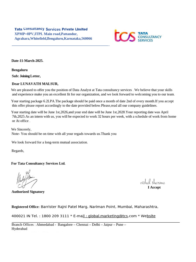 TCS Data Analyst Joining Letter | PDF