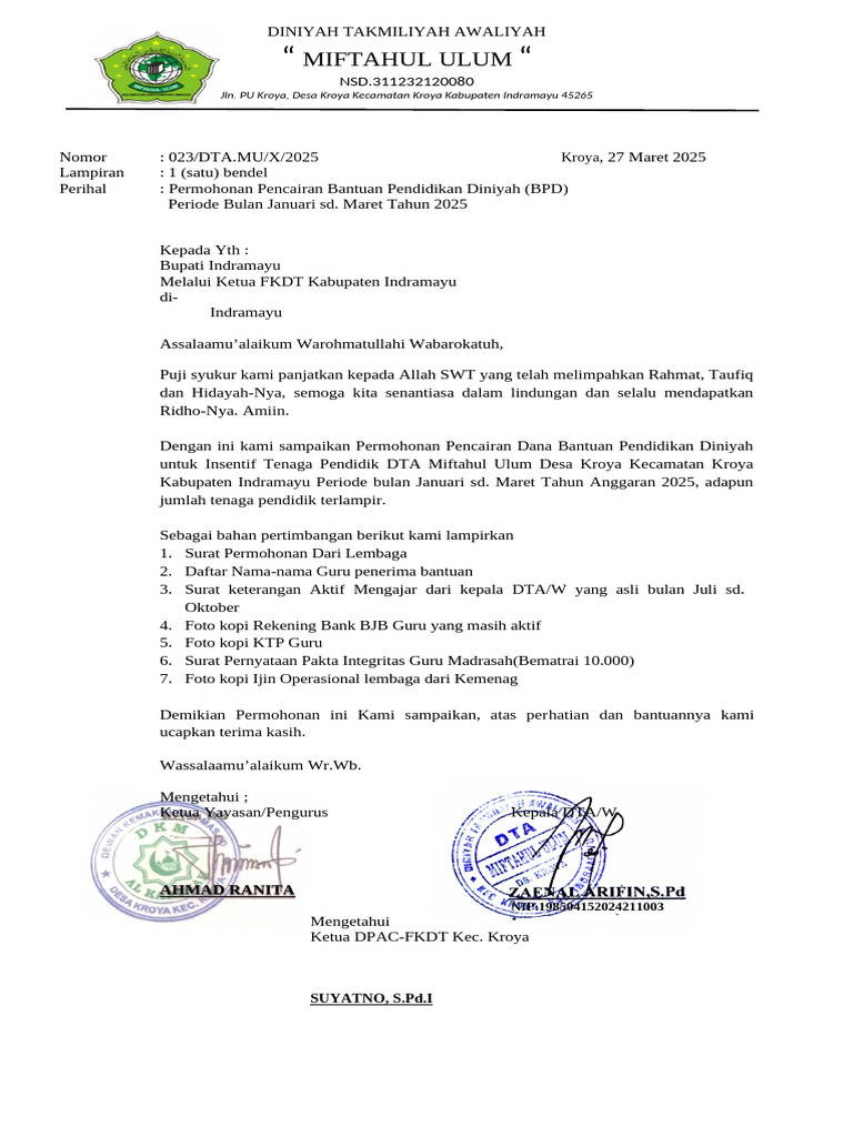 SURAT PERMOHONAN USULAN HONOR INTENSIF GURU DTA | PDF