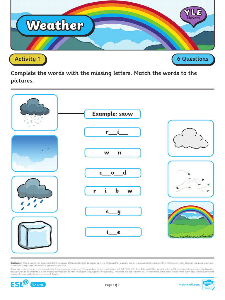 T 1729407932 Yle A1 Movers Vocabulary Activity Sheet Weather Kids A1 - Ver - 2 | PDF | English ...