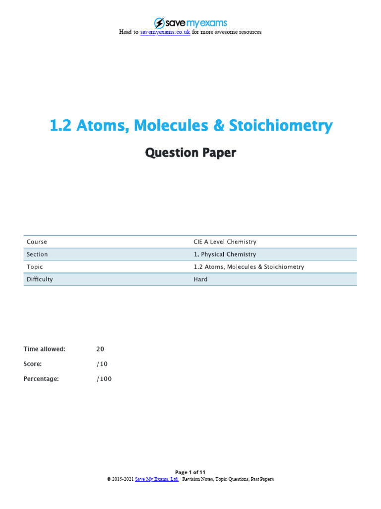 Atoms and Molecules Exam Questions | PDF | Chemistry | Physical Sciences