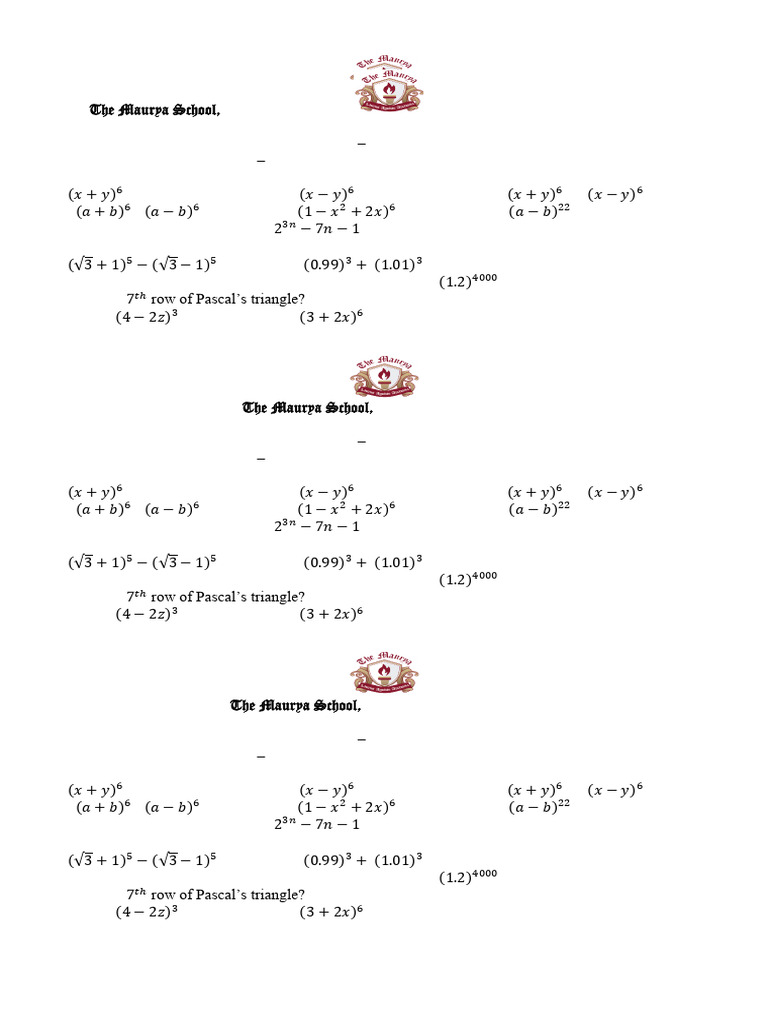 XI. Worksheet Ch-7 Binominal Theorem, Ch-8 Sequences and Series | PDF | Number Theory ...