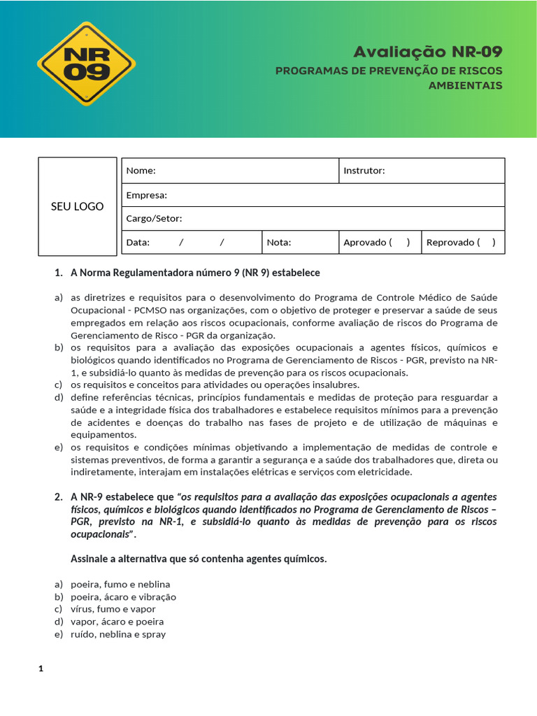 NR-09 - Modelo Avaliação de Aprendizagem Treinamento | PDF | Oscilação