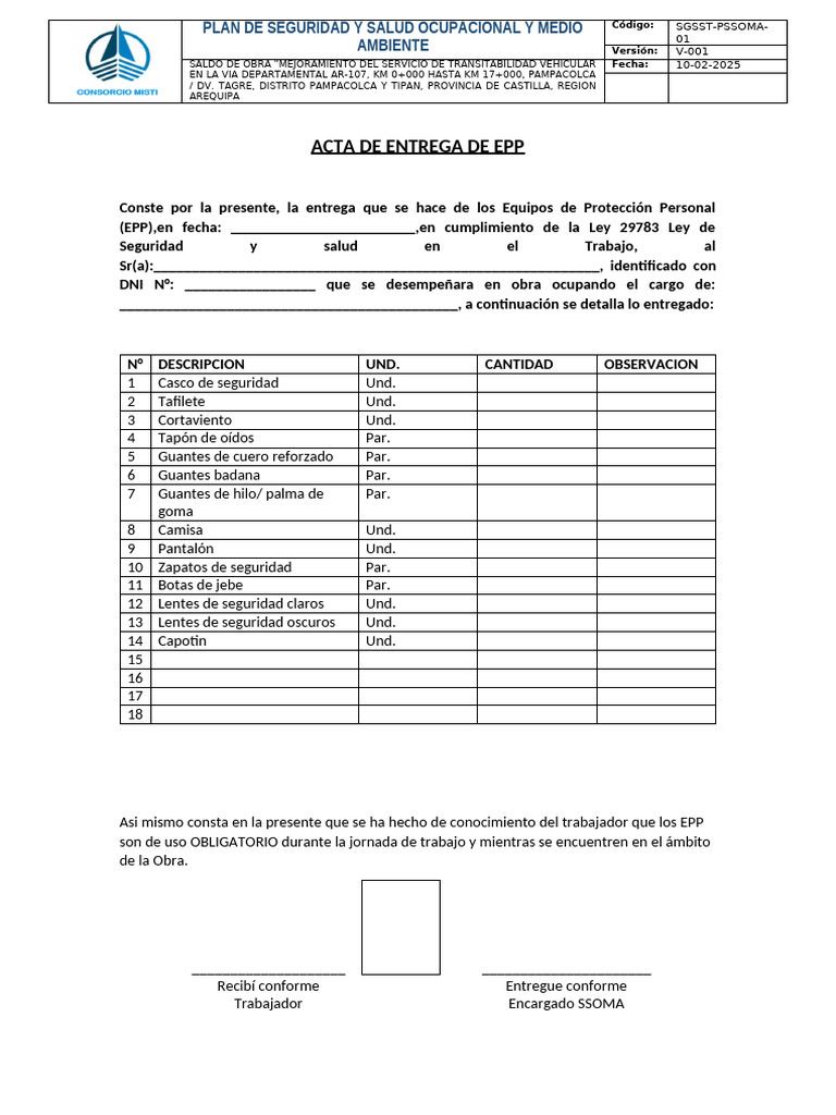 ACTA DE ENTREGA DE EPP | PDF