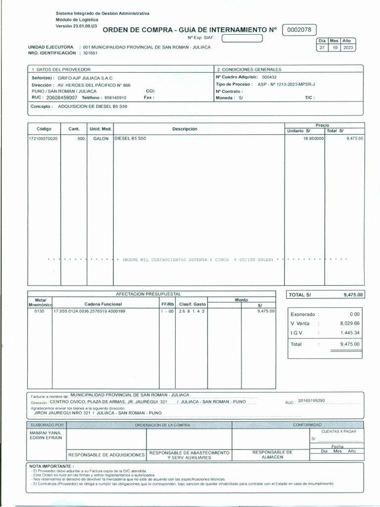 Orden de Compra: Guía de Internamiento | PDF