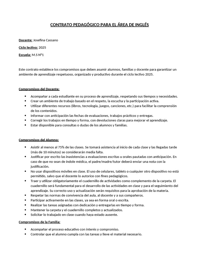 Contrato Pedagógico Inglés 2025 | PDF | Salón de clases | Aprendizaje