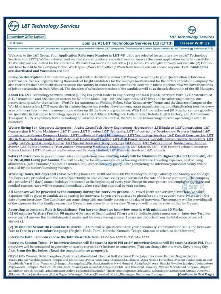 LTTS Interview Letter | PDF