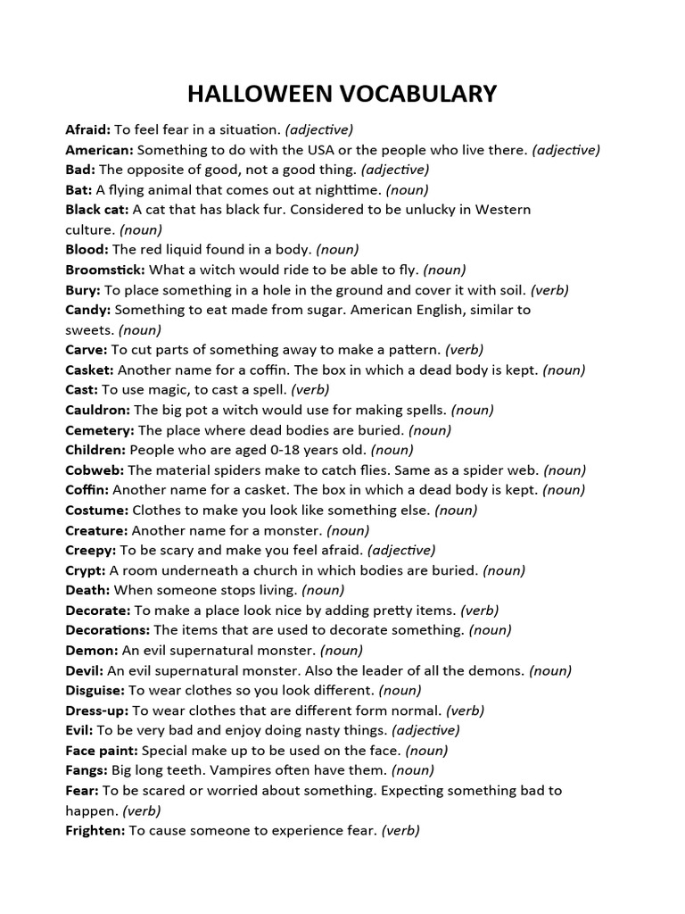 Halloween Vocabulary Guide | PDF | Ghosts | Adjective