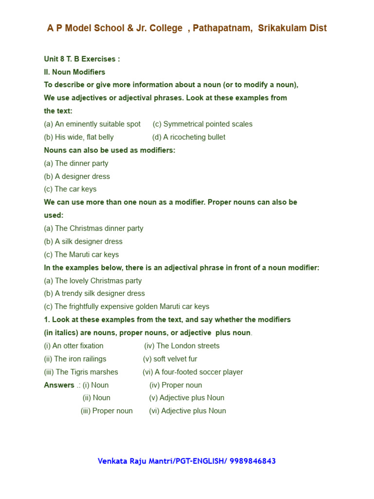 Noun Modifiers: Class 10 Exercises | PDF | Adjective | Noun