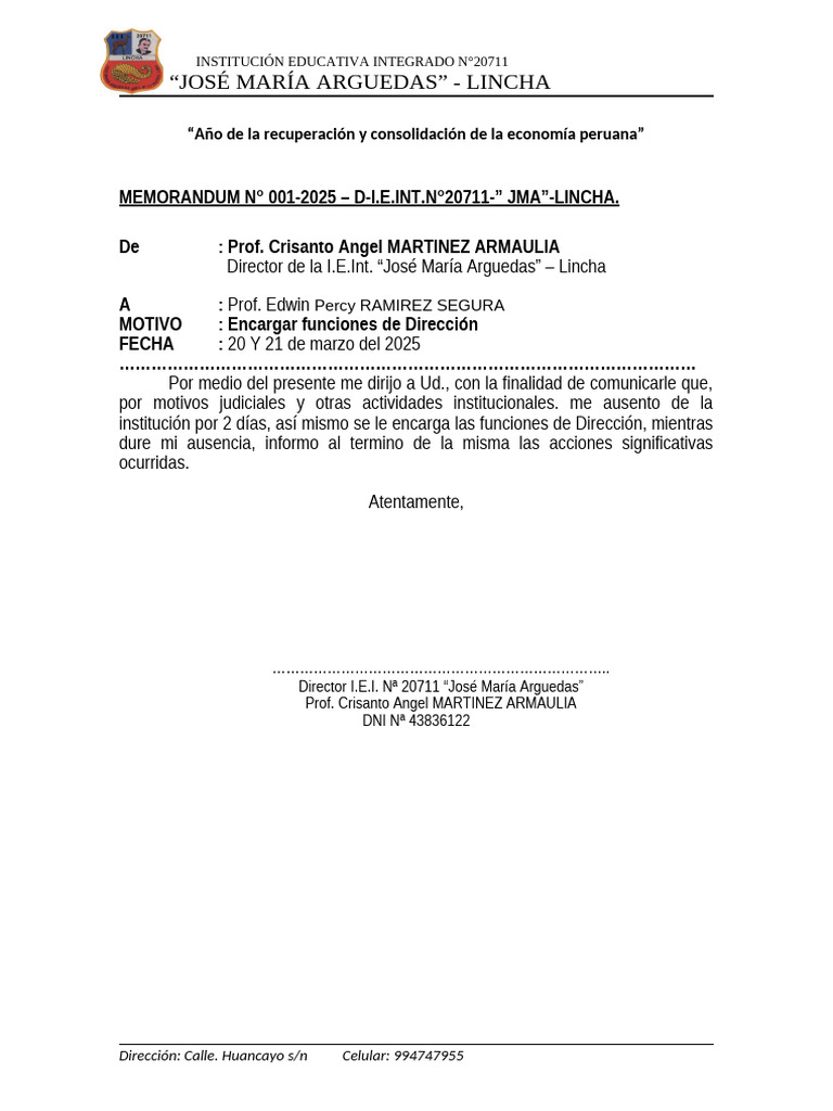 Memorandum N°1-Encargatura de Direccion | PDF