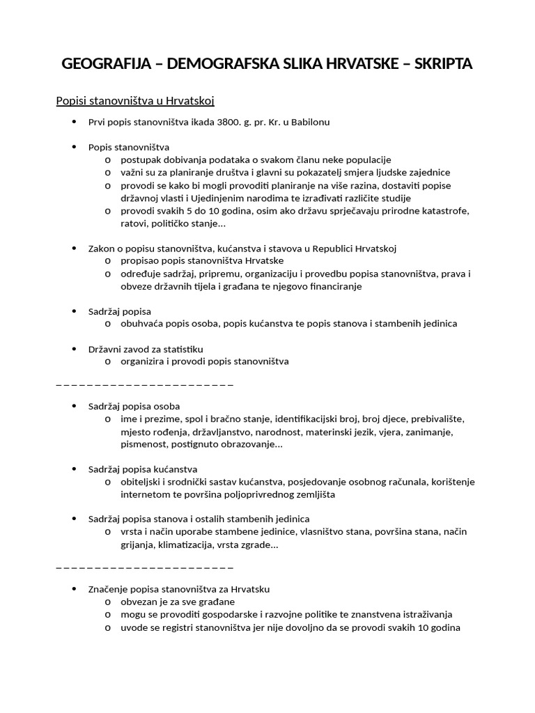Demografska Slika Hrvatske - Skripta | PDF