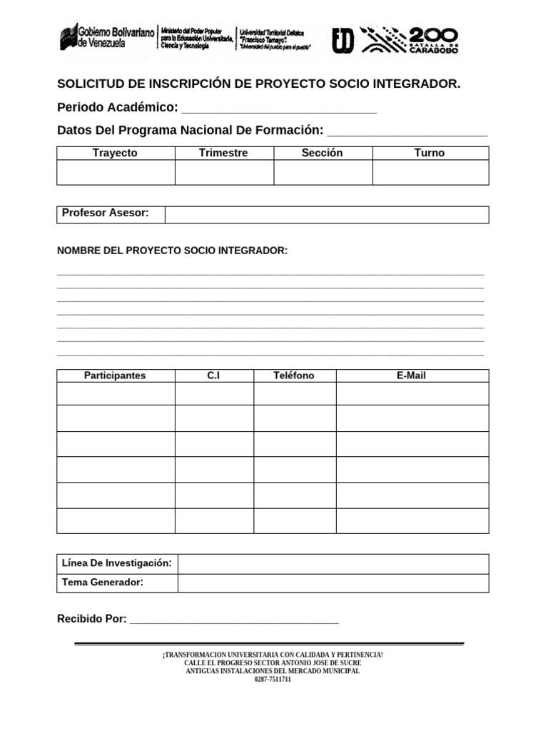 Solicitud de Inscripción de Proyecto Socio Integrador | PDF