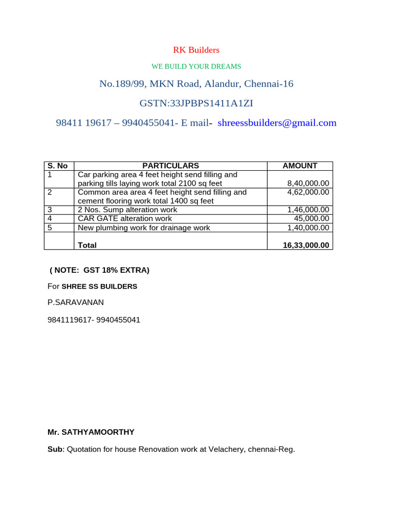 Quotation for Renovation by RK Builders | PDF