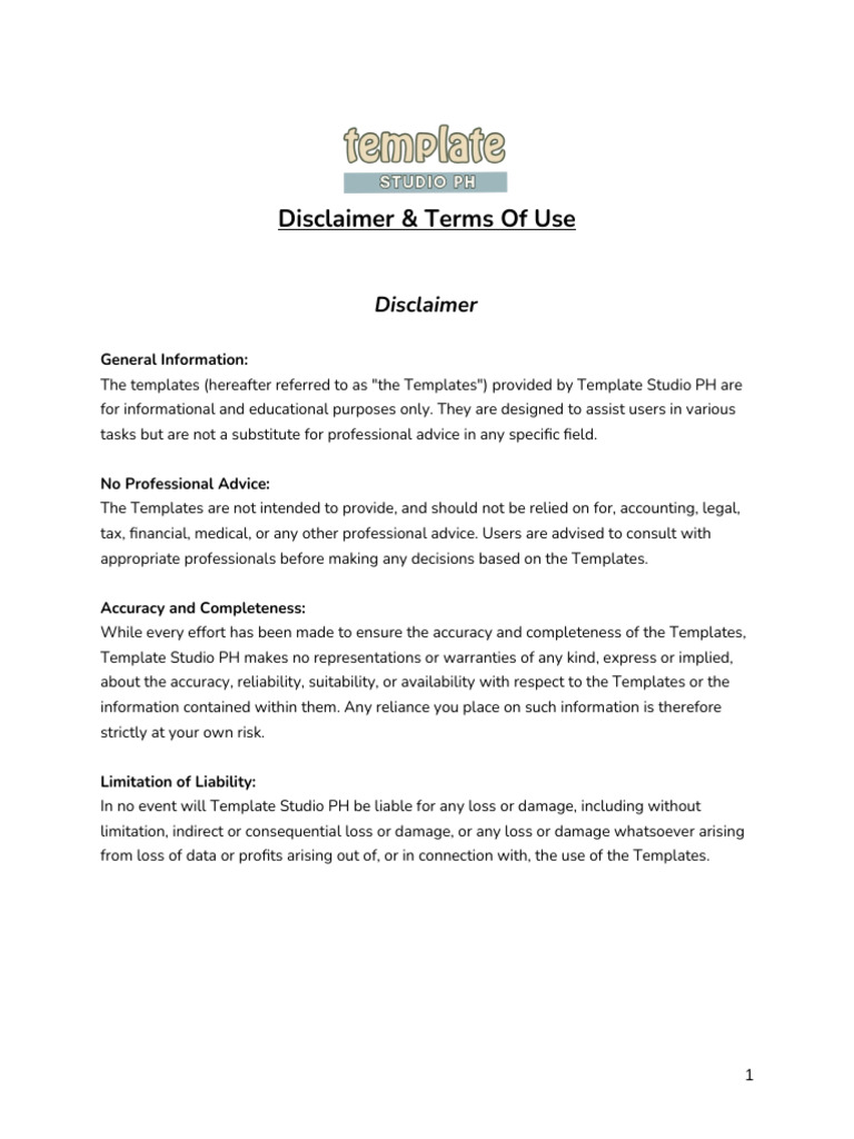 Template Studio PH - Disclaimer & Terms of Use | PDF | Indemnity ...