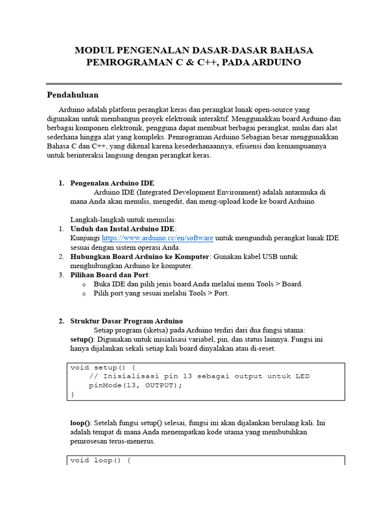 Modul Pengenalan Dasar-Dasar Bahasa Pemrograman C & C++, Pada Arduino | PDF