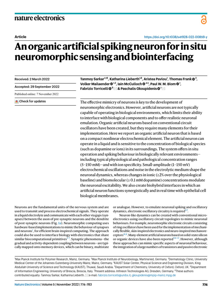 An Organic Artificial Spiking Neuron For in Situ Neuromorphic Sensing and Biointerfacing | PDF ...