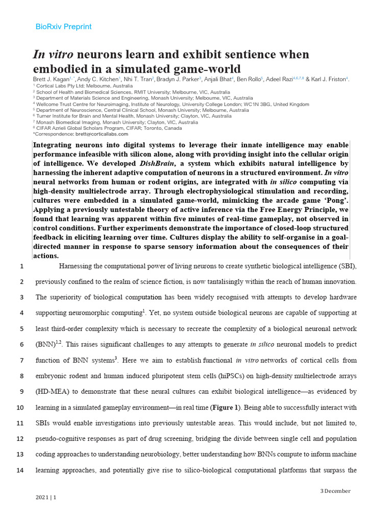In Vitro Neurons Learn and Exhibit Sentience When Embodied in a Simulated Game-world | PDF ...