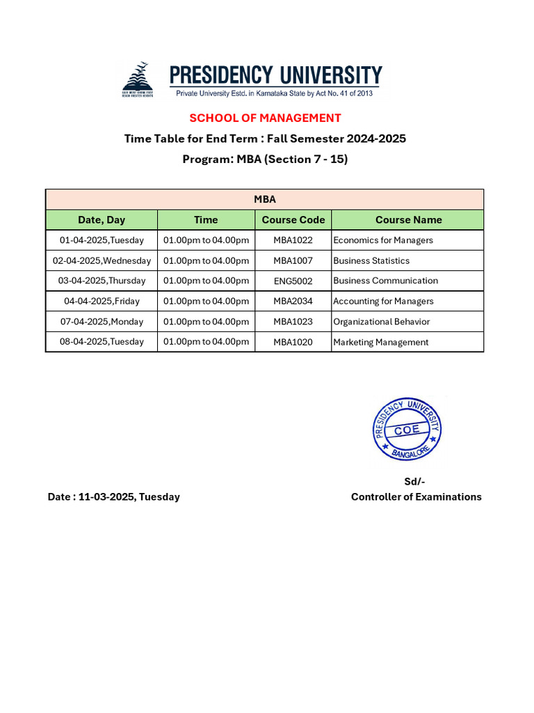 Time Table For End Term: Fall Semester 2024-2025 Program: MBA (Section ...