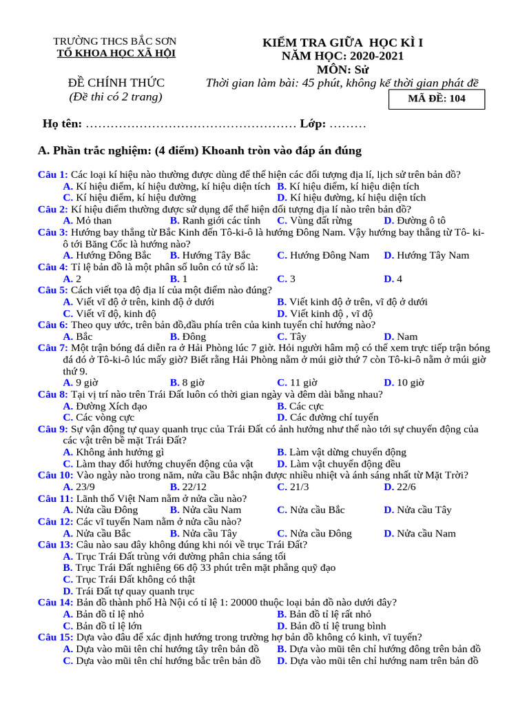 Kiem Tra Giua Hoc Ki I Mon Dia Li Lop 6 Nam Hoc 2020 2021 TR ...