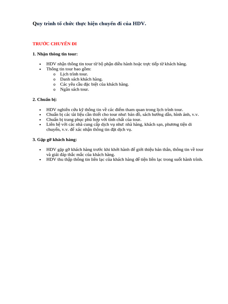 Quy trình tổ chức thực hiện chuyến đi của HDV | PDF