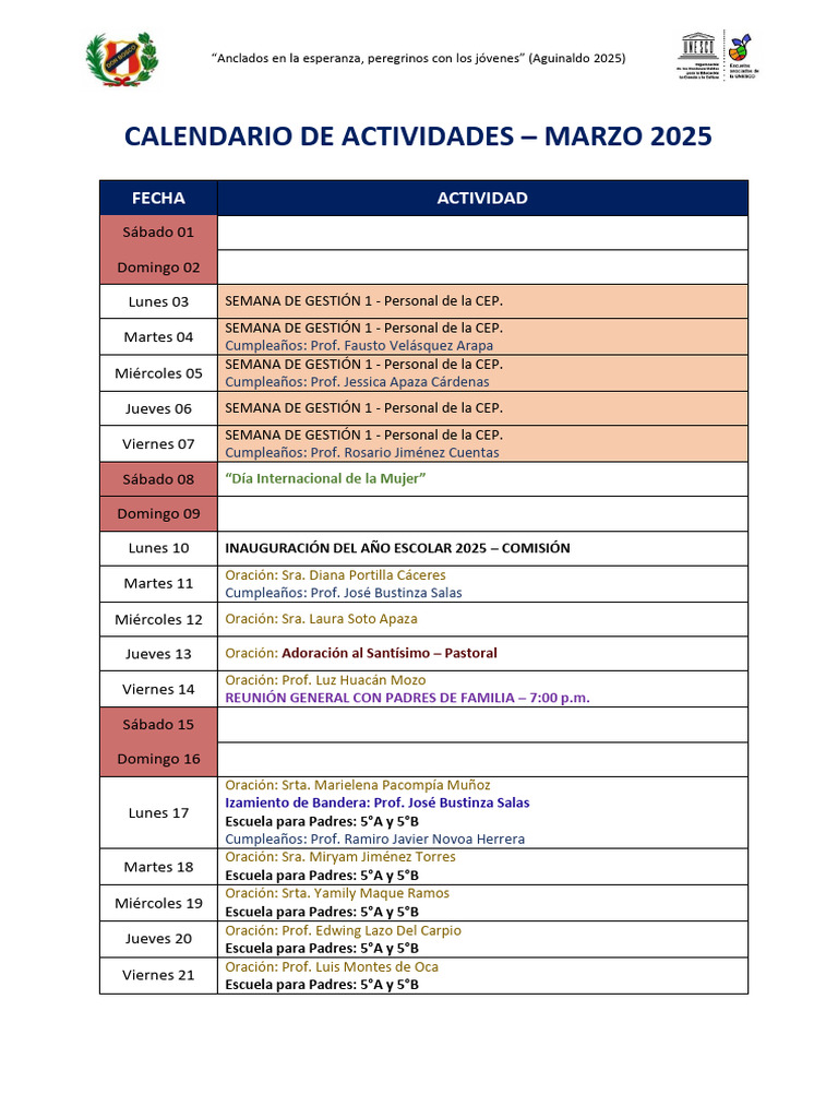 Guía de Actividades Marzo 2025 | PDF