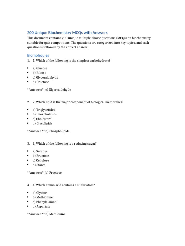 Biochemistry Quiz 200 MCQs | PDF | Glycolysis | Rna