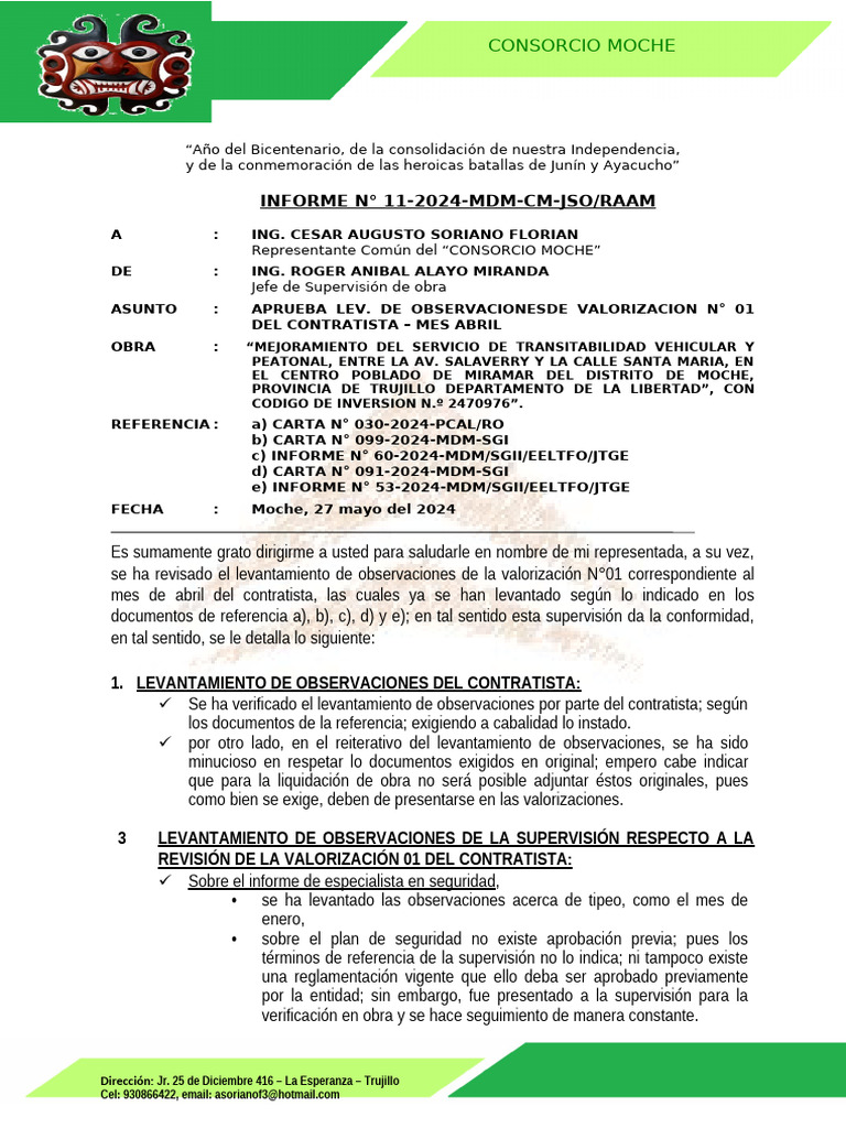 Informe 11 - Informe de Lev. de Observaciones de Val 01 | PDF