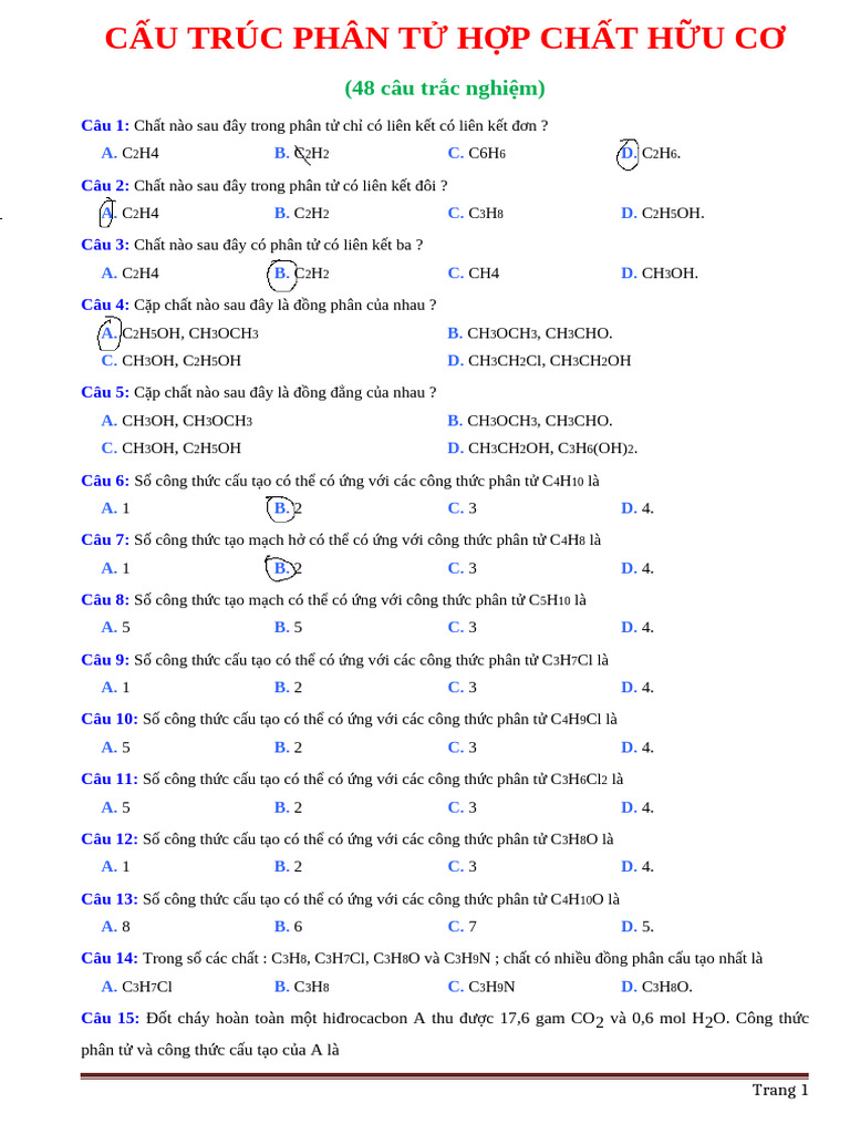 Trac Nghiem CAU TRUC PHAN TU HOP CHAT HUU CO | PDF