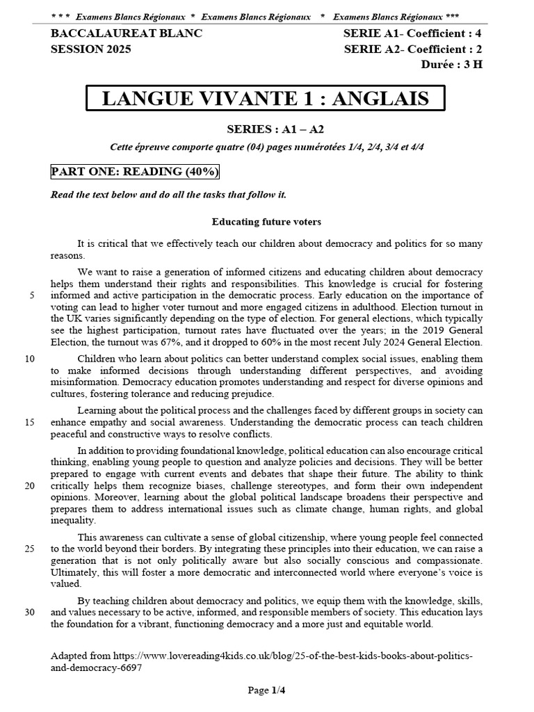 Examen Regional 2025 Anglais Bac a2 Lv1 PDF | PDF | Democracy | Political Ideologies