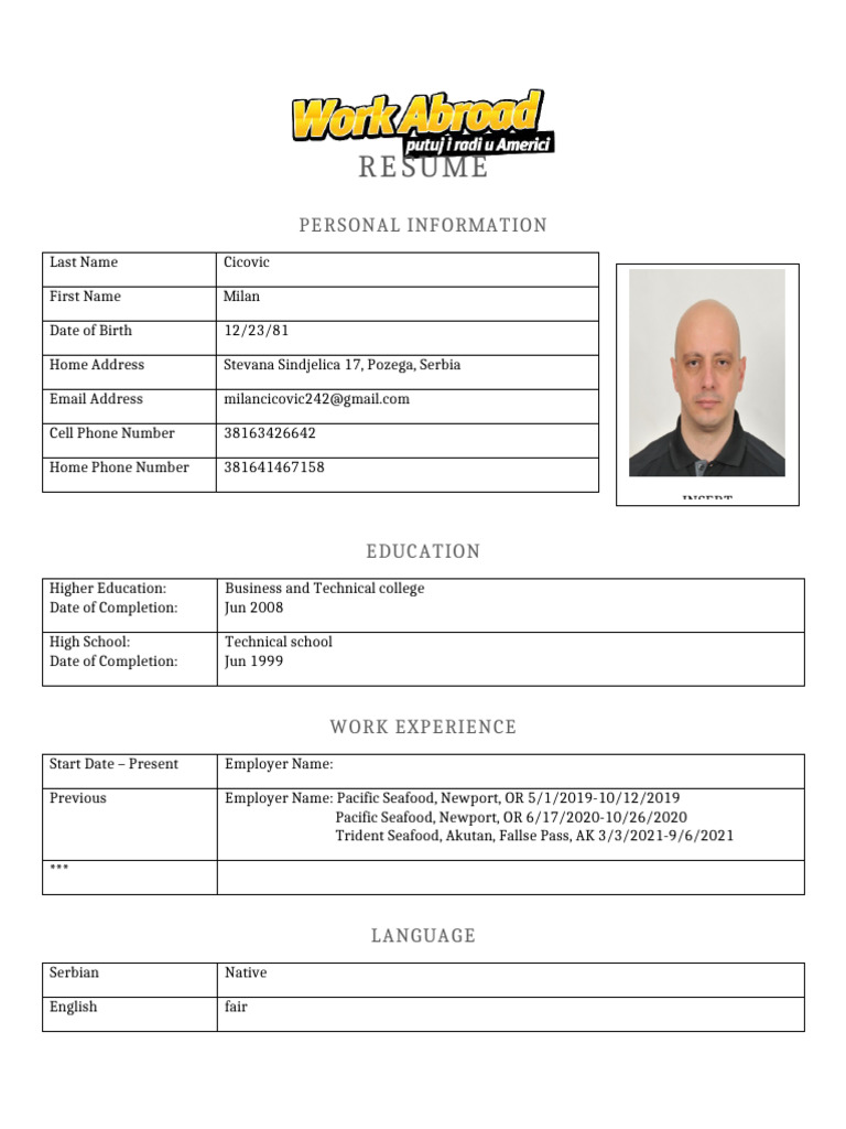 H2B Resume Sample 2022 | PDF