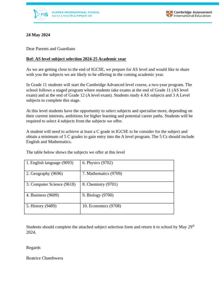 AS Level Subject Selection Form | PDF | Secondary Education ...